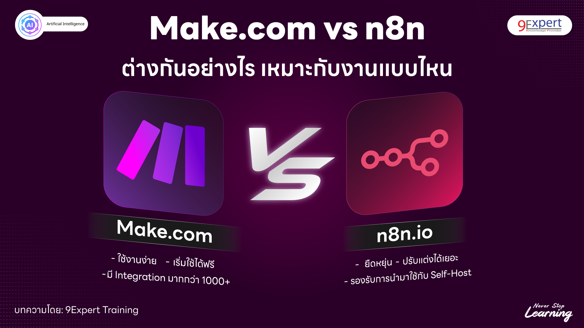 Make.com vs n8n ต่างกันอย่างไร เหมาะกับงานแบบไหน | 9Expert